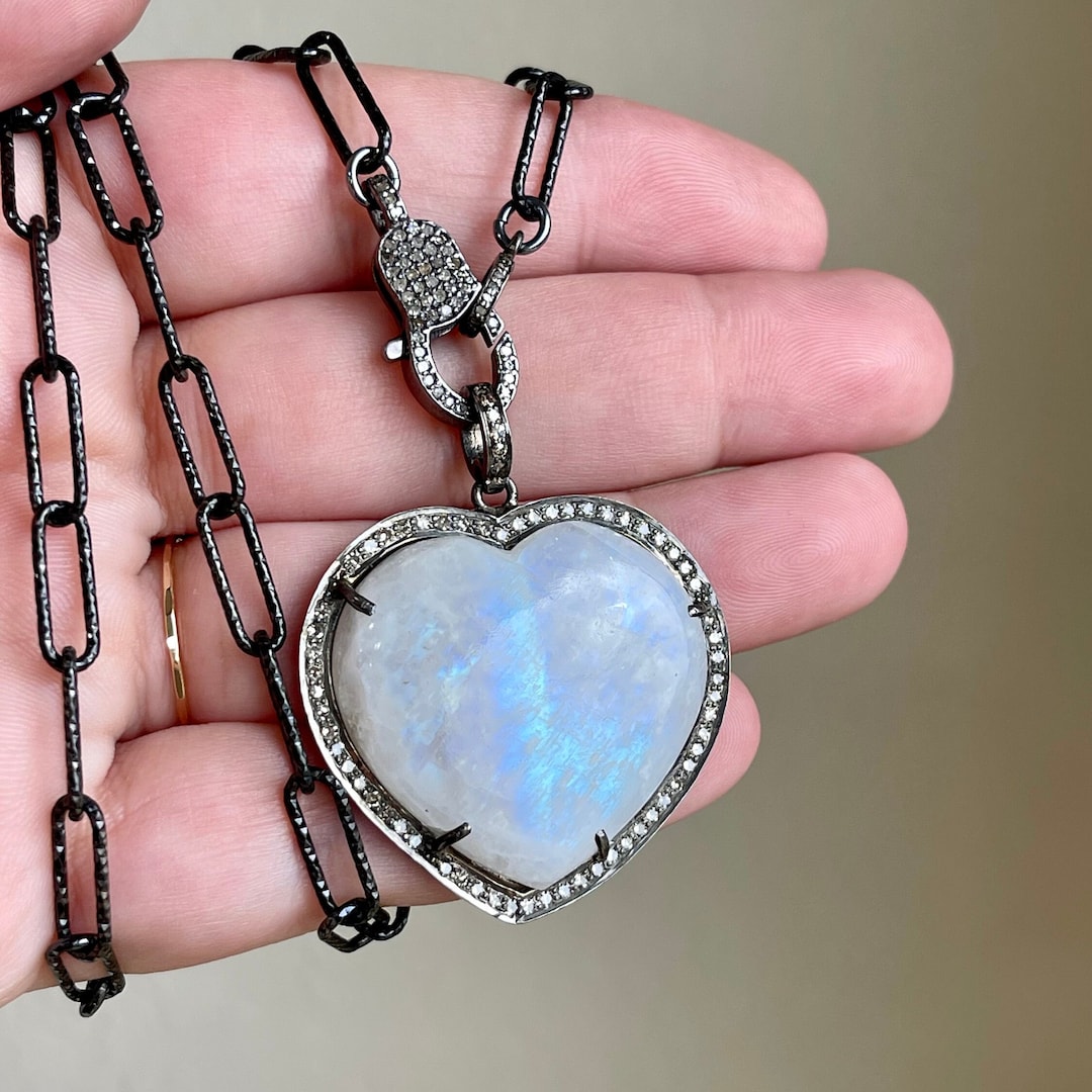 Rainbow Moonstone Heart Statement Necklace, White Moonstone Diamond ...