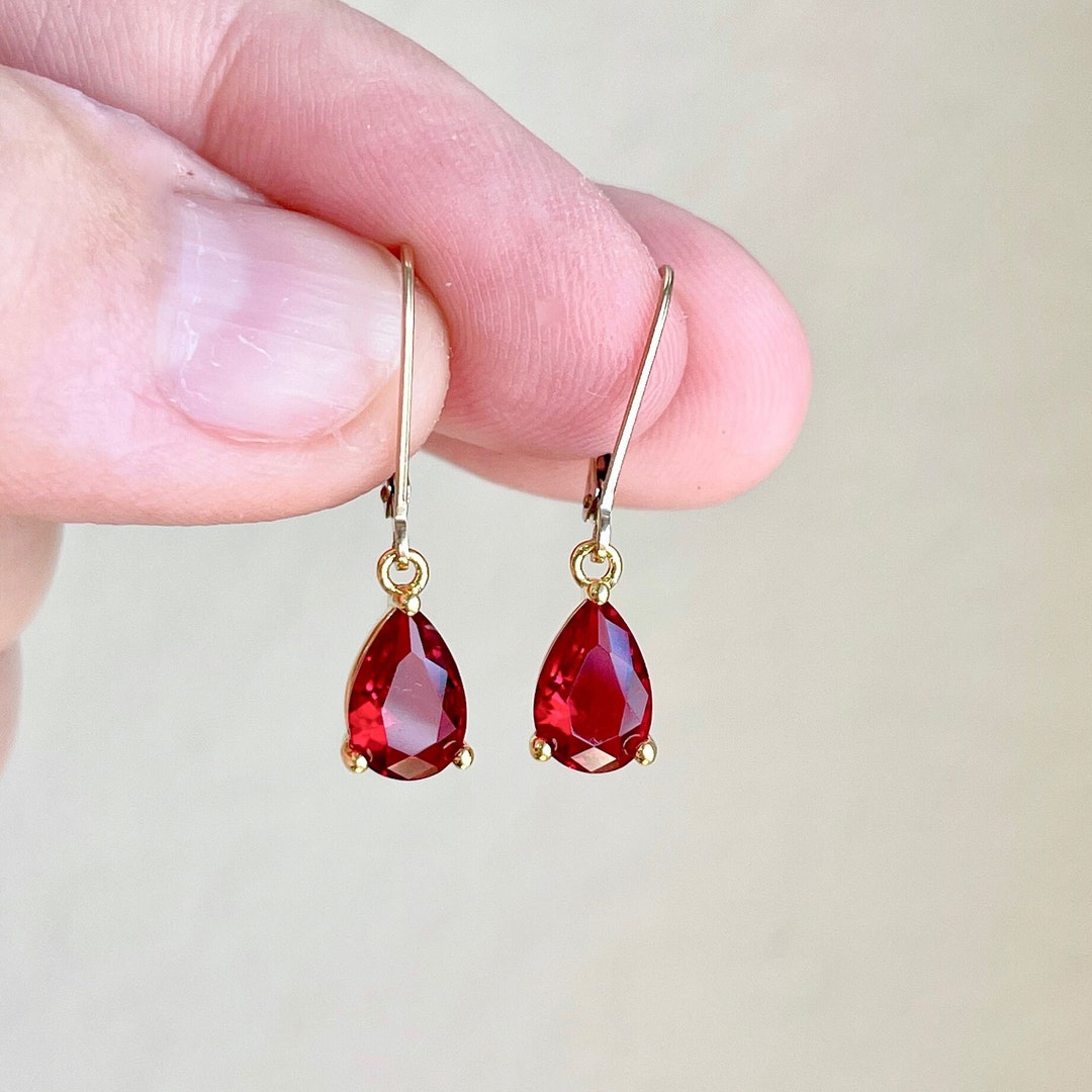 Garnet Earrings, January Birthstone, Tiny Dark Red Teardrop Earrings in ...
