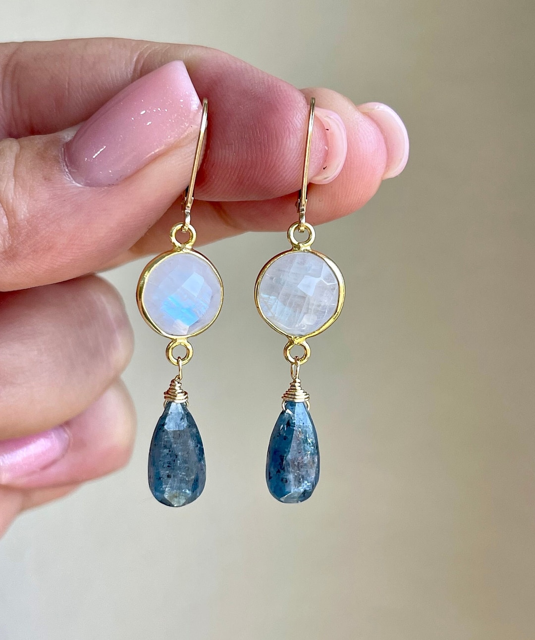 Rainbow Moonstone and Teal Kyanite Statement Earrings, White and Teal ...