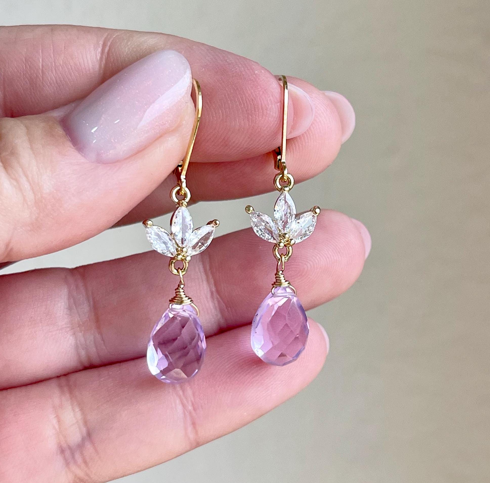 Lavender Quartz Earrings, February Birthstone, Petite Soft Purple ...
