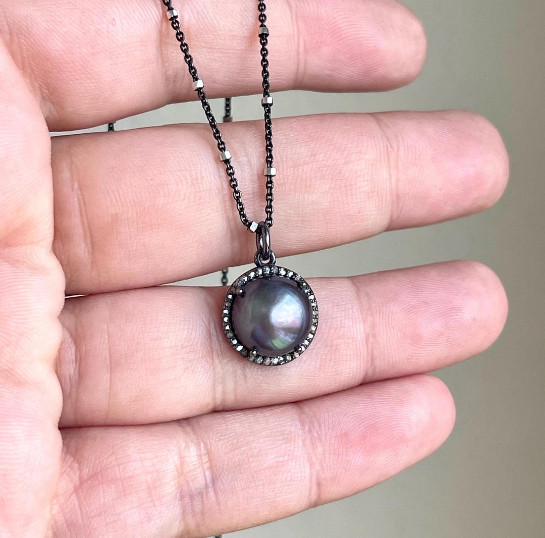 Black Pearl and Diamond Necklace, June Birthstone, Round Black Pearl ...