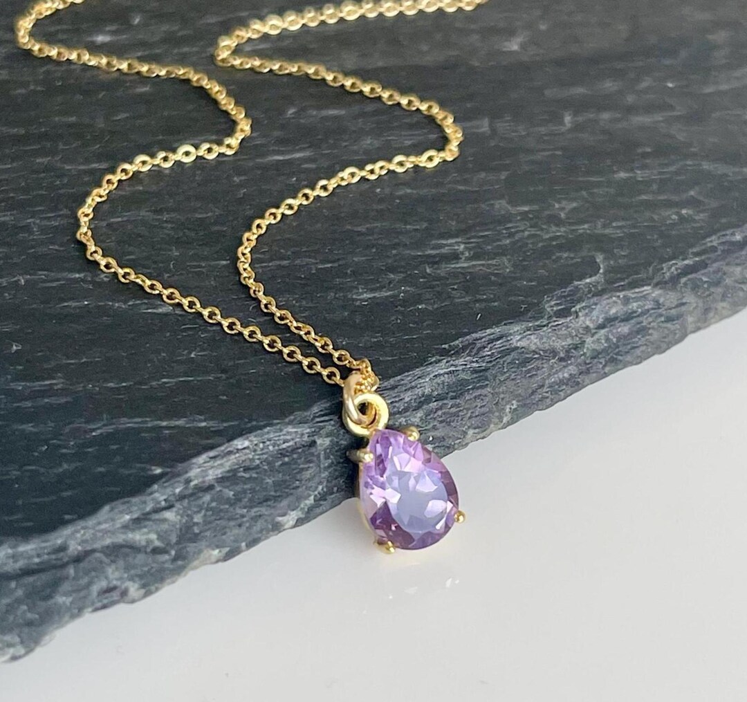 Amethyst Necklace, February Birthstone, Tiny Purple Teardrop Pendant in ...