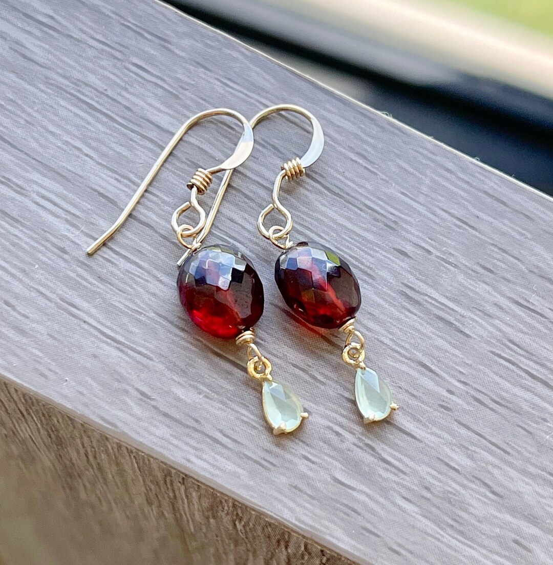 Garnet and Prehnite Earrings Red and Mint Green Oval Earrings - Etsy