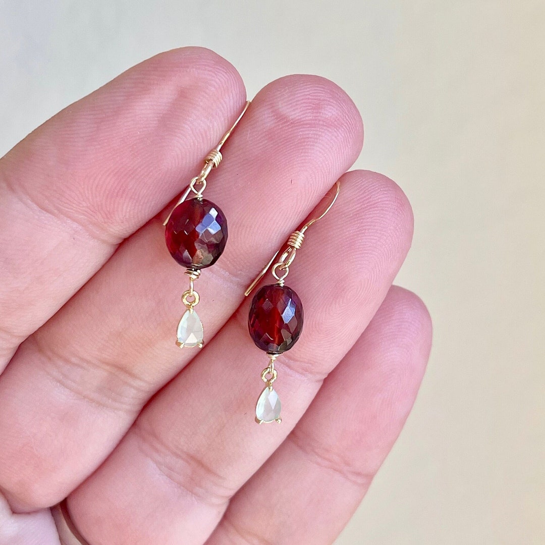 Garnet and Prehnite Earrings, Red and Mint Green Oval Earrings in Gold ...
