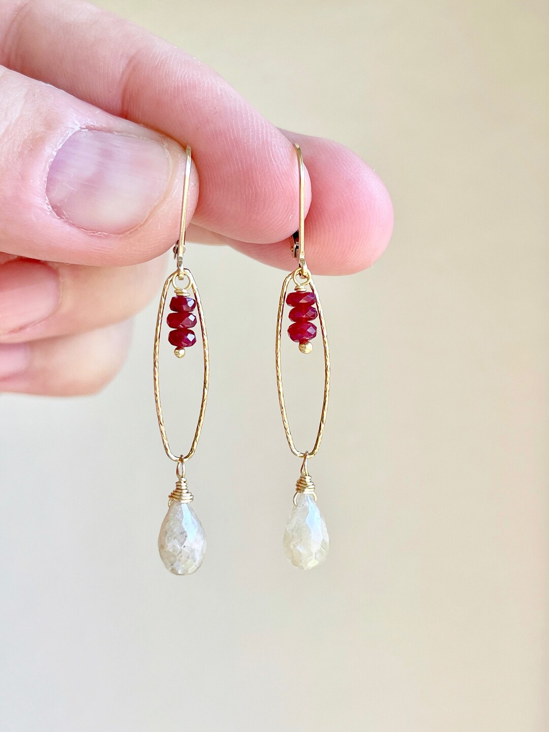 Silverite and Ruby Earrings, White and Red Elongated Oval Earrings in ...