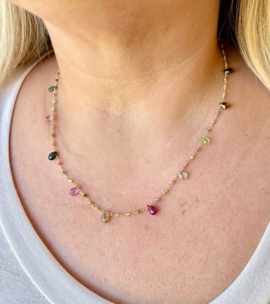 Watermelon Tourmaline Necklace, Multicolor Beaded Choker Gold or Silver ...