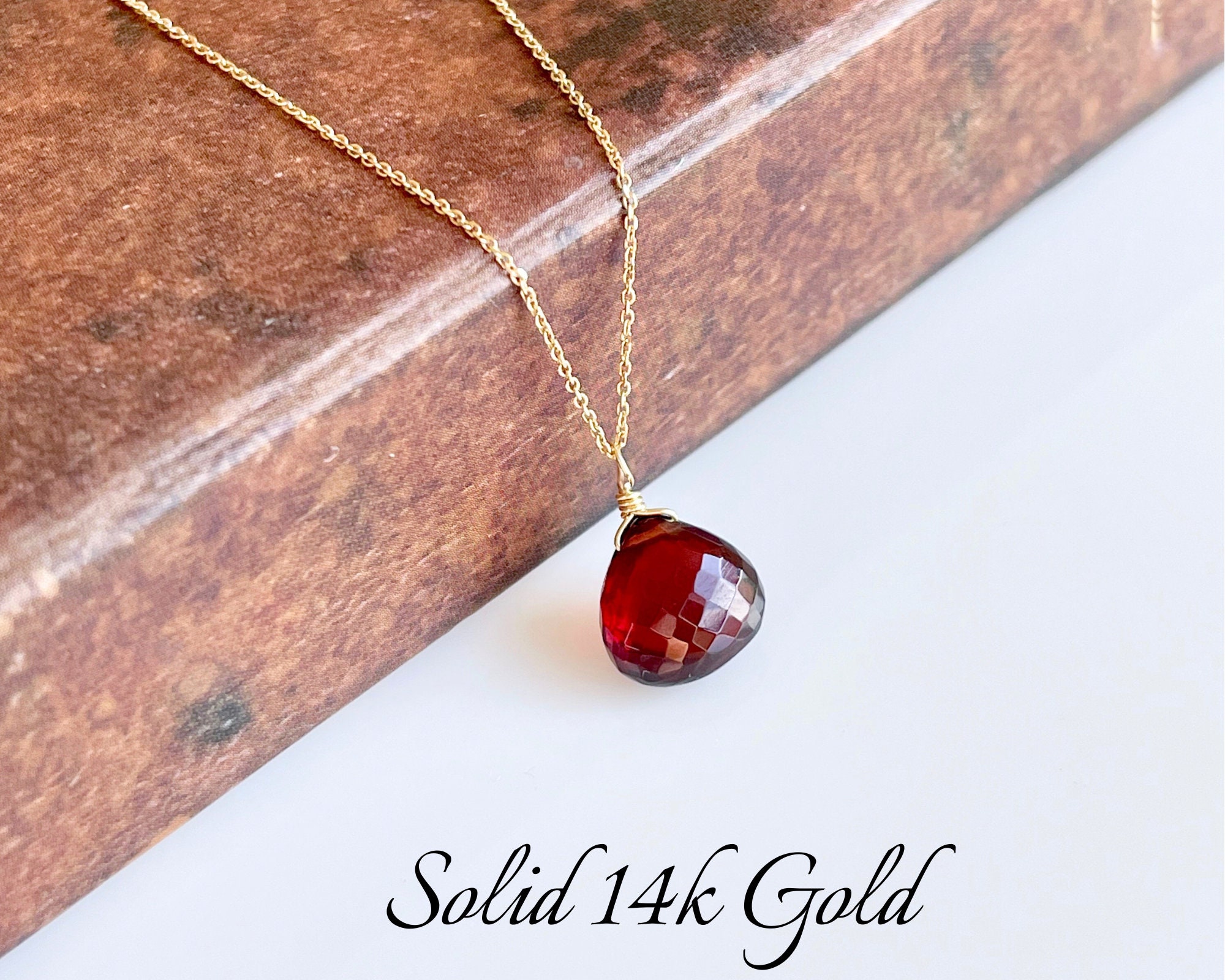 Garnet Necklace Red Garnet Pendant January Birthstone Solid 14k Gold Real Gold Necklace Large Garnet Drop Solid Gold Necklace for women Etsy
