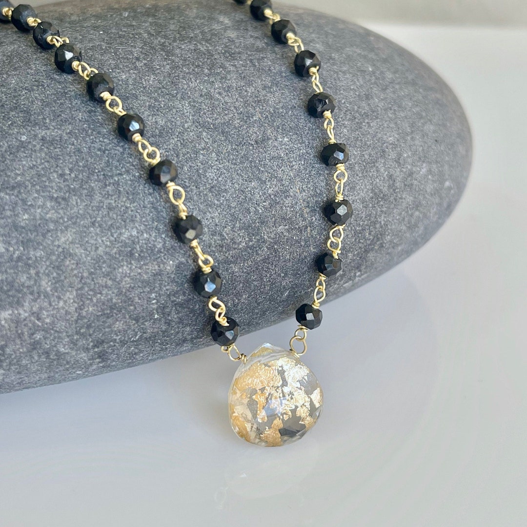 Onyx Necklace, Vintage Gold Foil Doublet Teardrop Pendant, Black Beaded ...