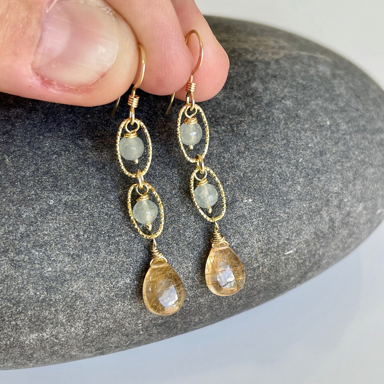 Rutilated Quartz and Aquamarine Drop Earrings, Long Aquamarine Earrings, Beaded Quartz Earrings ...