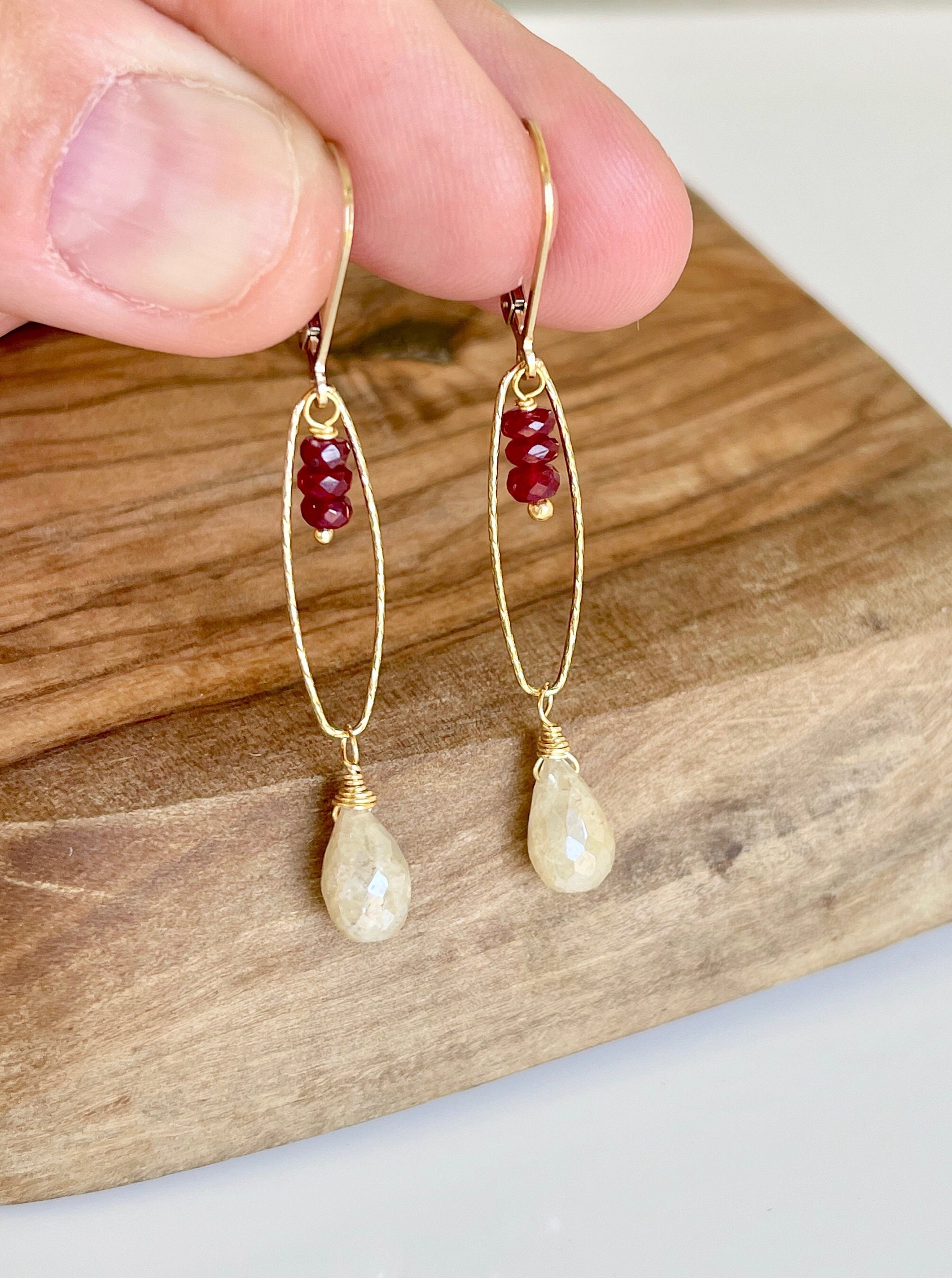 Silverite and Ruby Earrings, White and Red Elongated Oval Earrings in ...