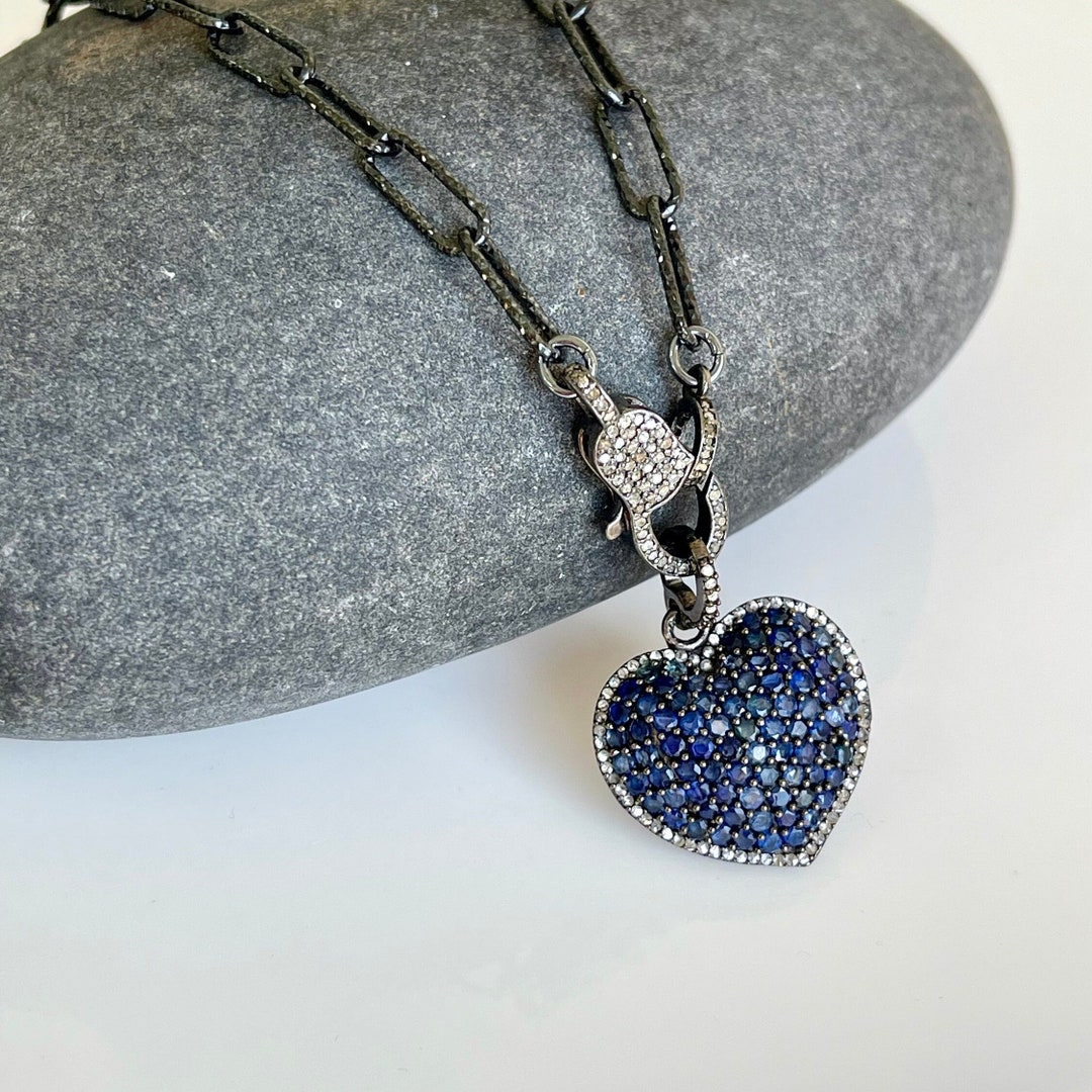 Blue Sapphire Heart Statement Necklace, Navy Blue Pave and Diamond ...