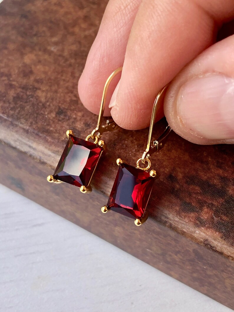 Garnet Earrings January Birthstone Dark Red Emerald Cut - Etsy