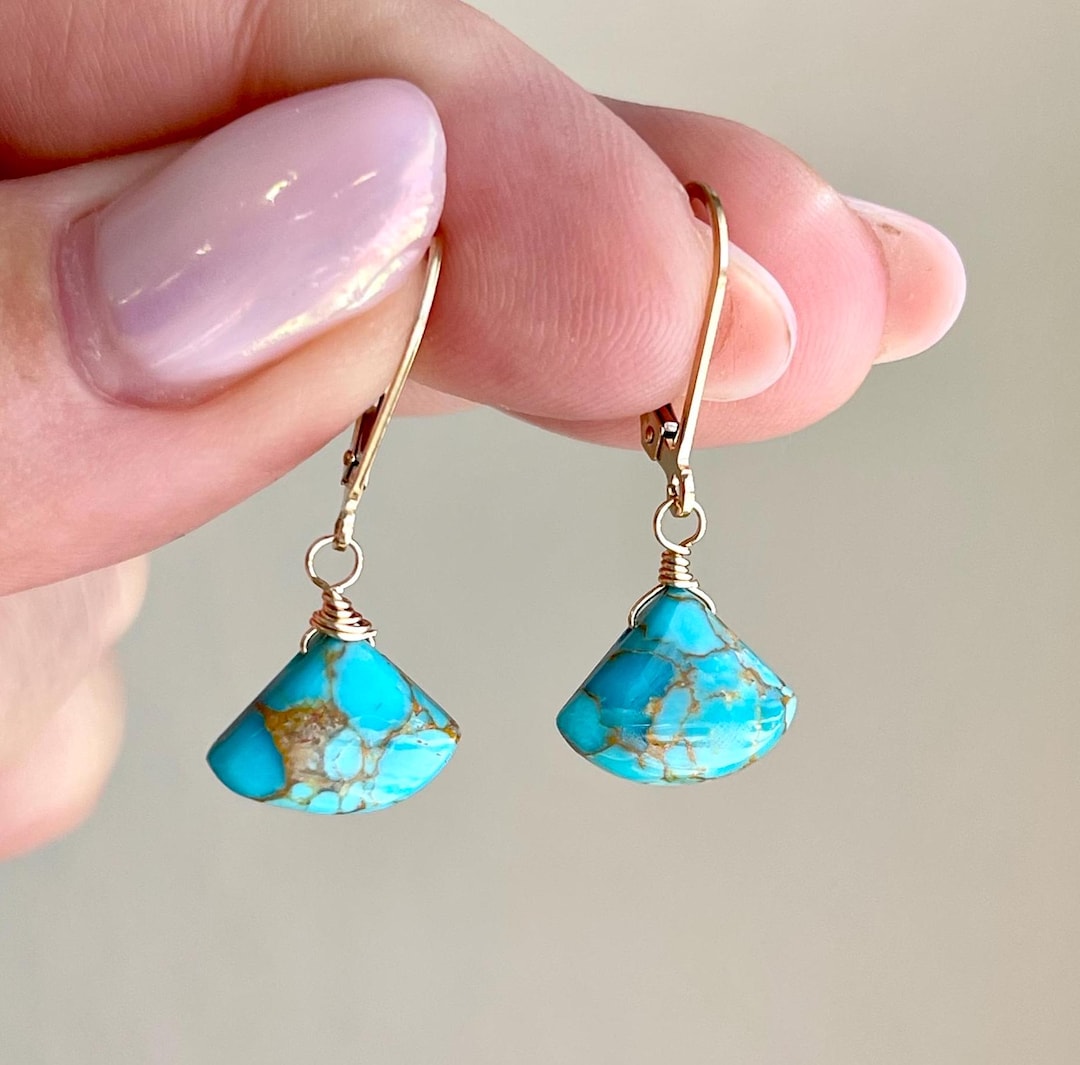Blue Turquoise Earrings, Blue Copper Turquoise Fan Shape Earrings in ...