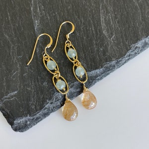 Rutilated Quartz and Aquamarine Drop Earrings, Long Aquamarine Earrings, Beaded Quartz Earrings ...