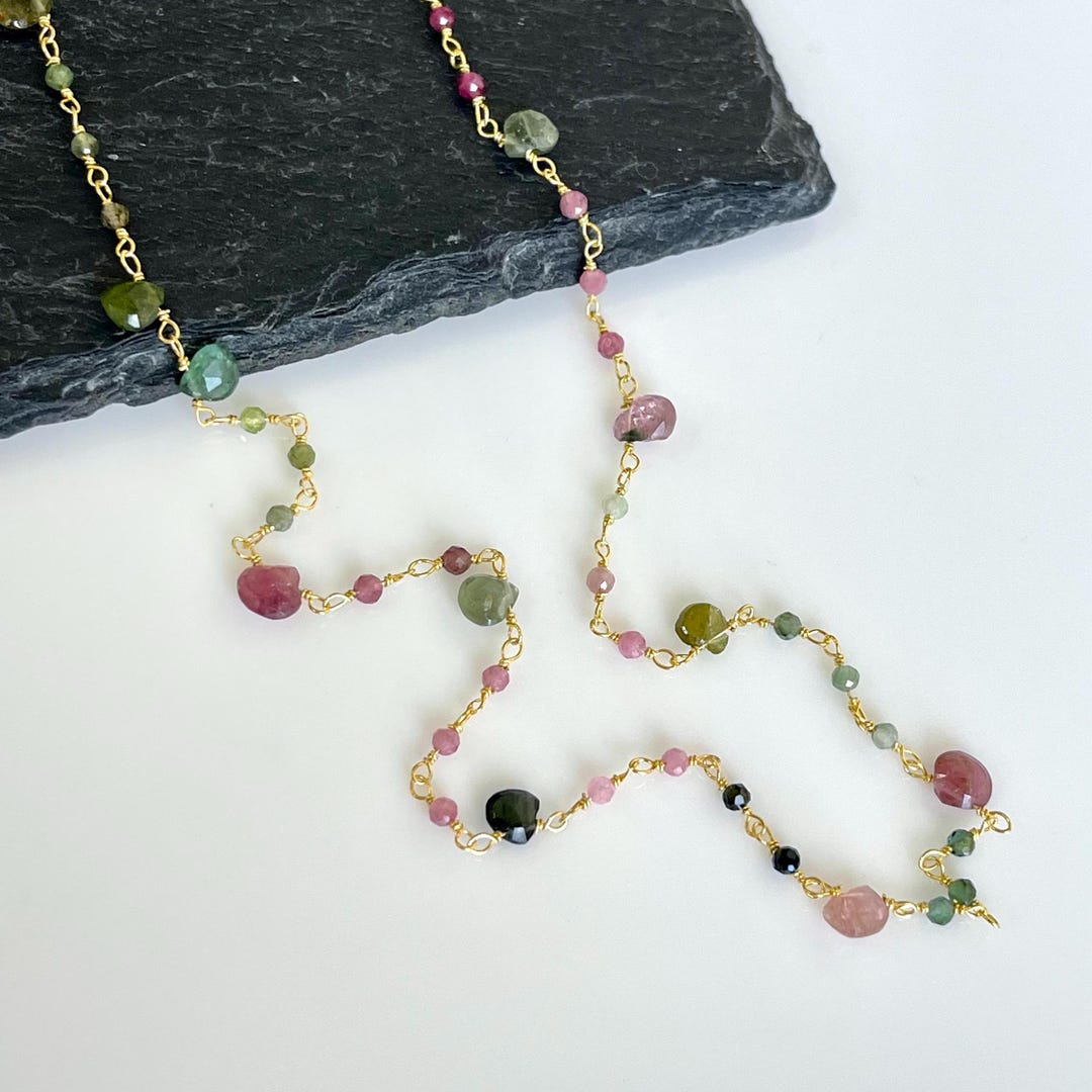 Watermelon Tourmaline Necklace, Multicolor Beaded Choker Gold or Silver ...