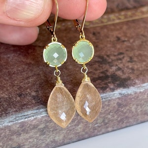 Prehnite and Golden Rutilated Quartz Earrings, Lime Green and Orange ...