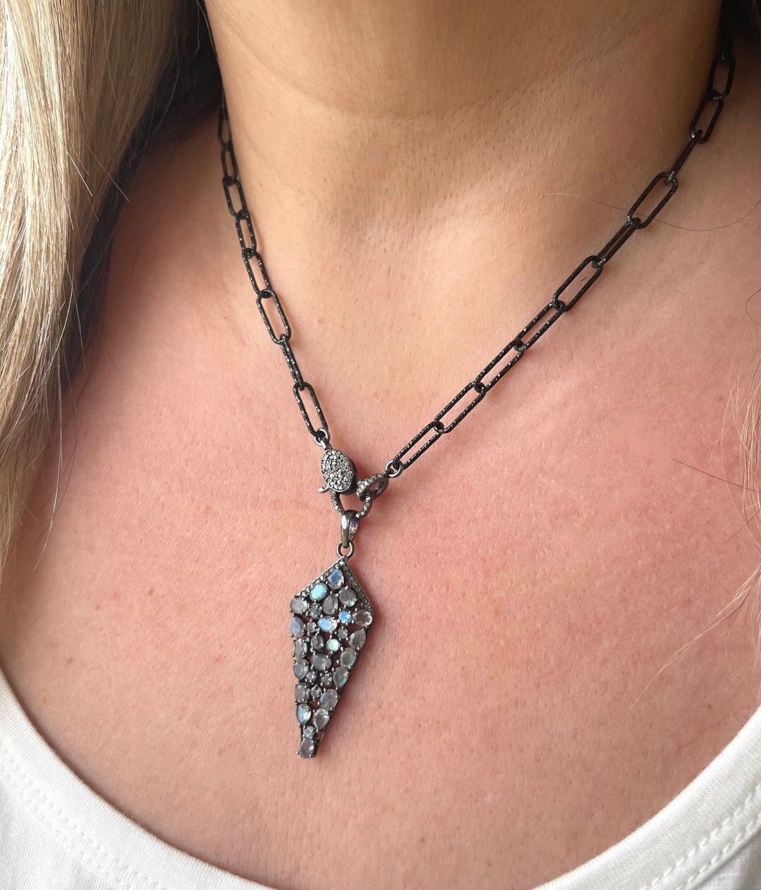Labradorite Pendant and Diamond Front Clasp Statement Necklace, Pointy ...
