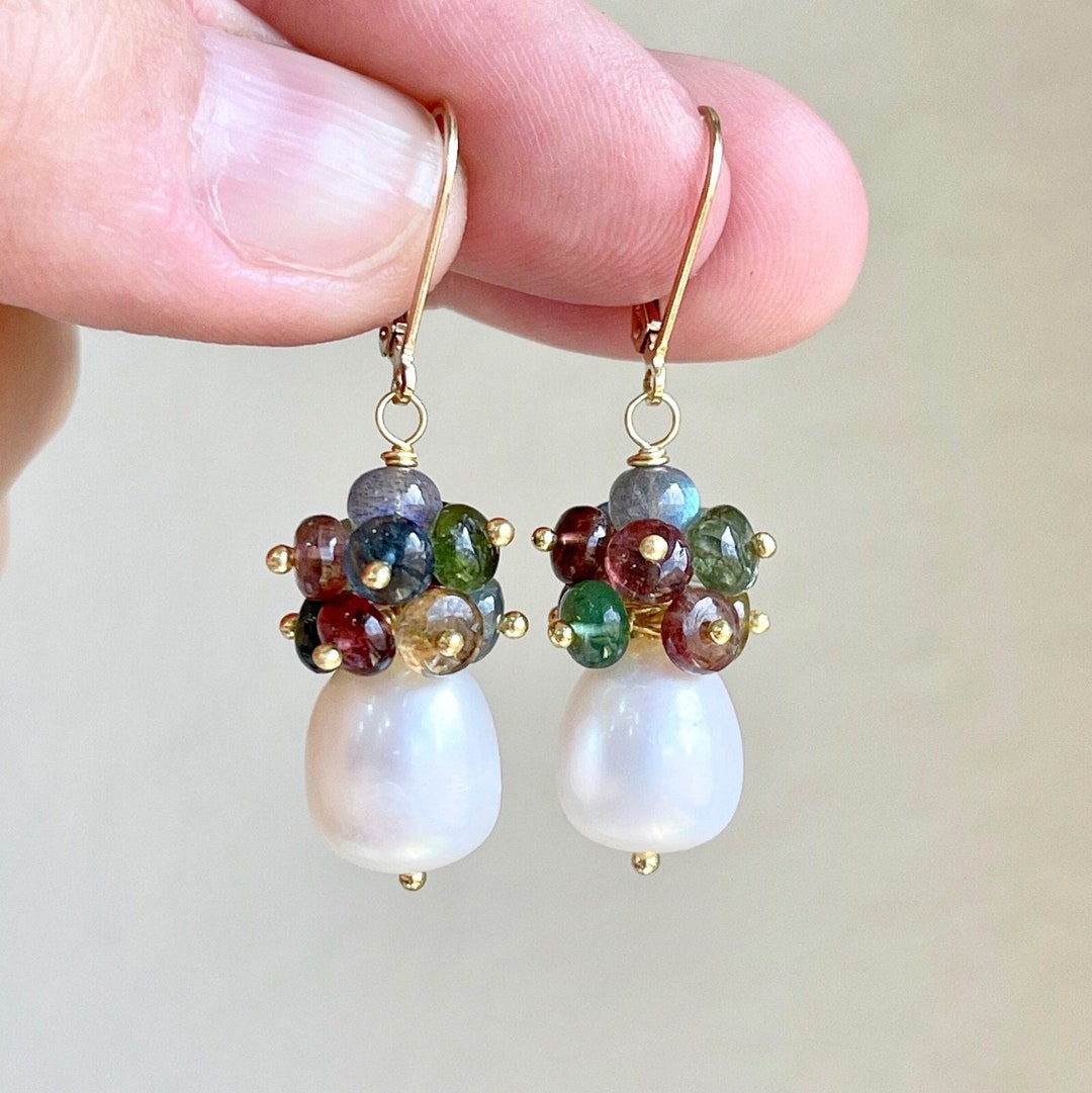 Watermelon Tourmaline and Pearl Statement Earrings, October Birthstone ...