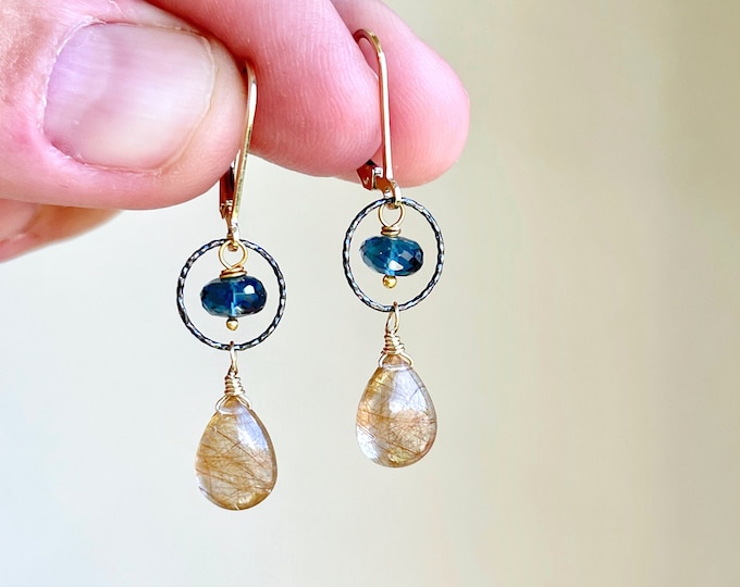 Rutilated Quartz and London Blue Topaz Earrings, Gold and Blue Teardrop ...