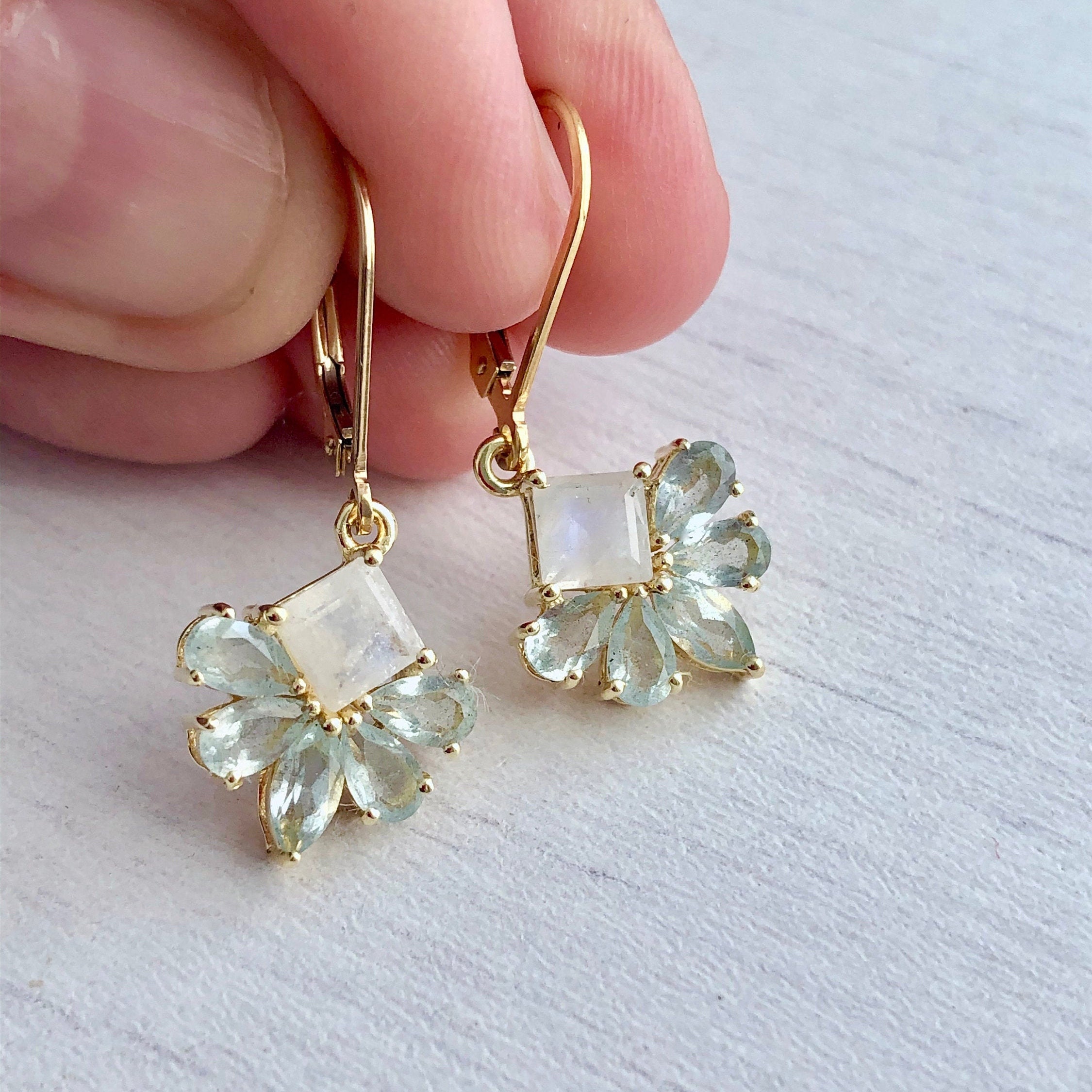 Aquamarine and Moonstone Earrings March Birthstone Teal | Etsy