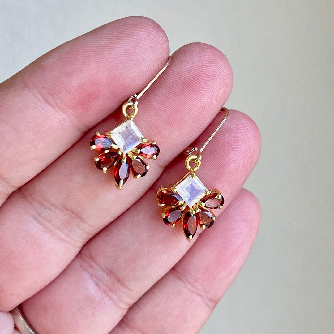 Rainbow Moonstone and Garnet Earrings, January Birthstone, Red and ...