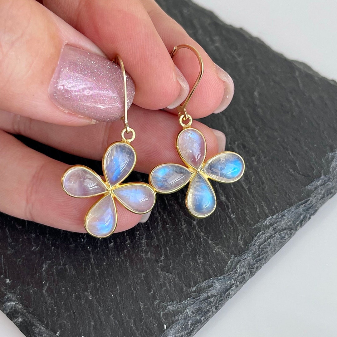 Rainbow Moonstone Flower Earrings, June Birthstone, Flashy Moonstone ...