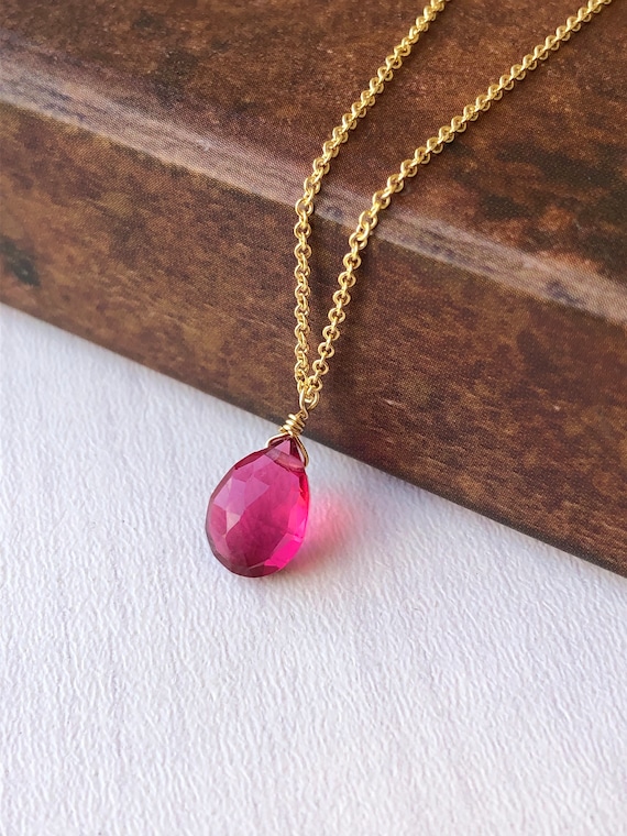 Pink Tourmaline Necklace Hot Fuchsia Gold Necklace October Birthstone Simple Hot Pink Tiny Drop Necklace Dainty Delicate Gift for Her Etsy