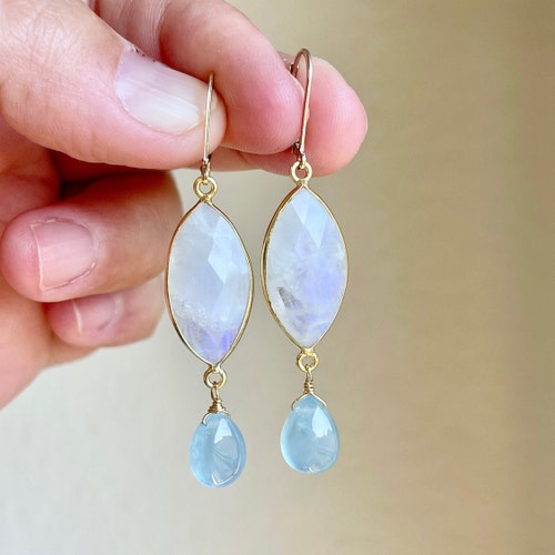 Aquamarine and Moonstone Earrings March Birthstone Teal - Etsy