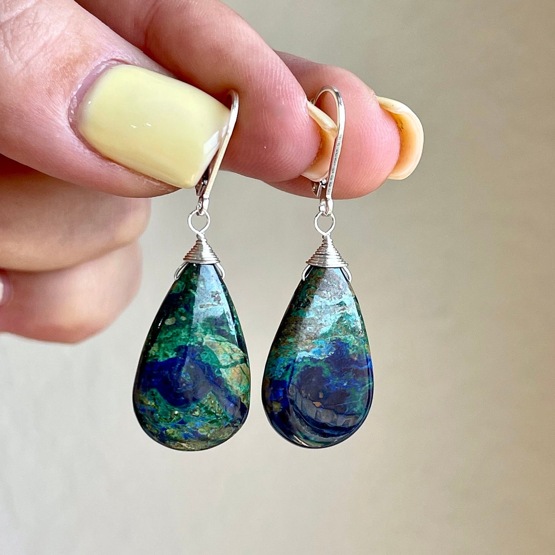 Azurite Malachite Earrings, Blue and Green Pattern Teardrop Earrings in ...