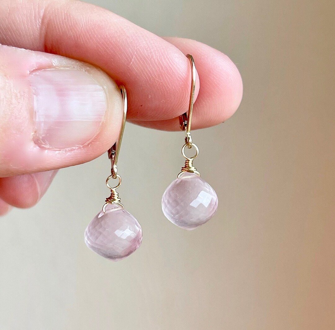Rose Quartz Earrings, Light Pink Quartz Simple Drop Earrings in Gold or ...
