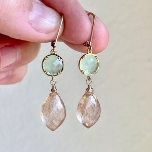 Prehnite and Golden Rutilated Quartz Earrings, Lime Green and Orange ...