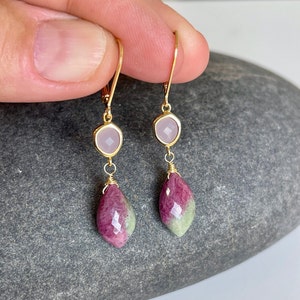 Rose Quartz and Ruby Zoisite Earrings, Pink and Green Teardrop ...