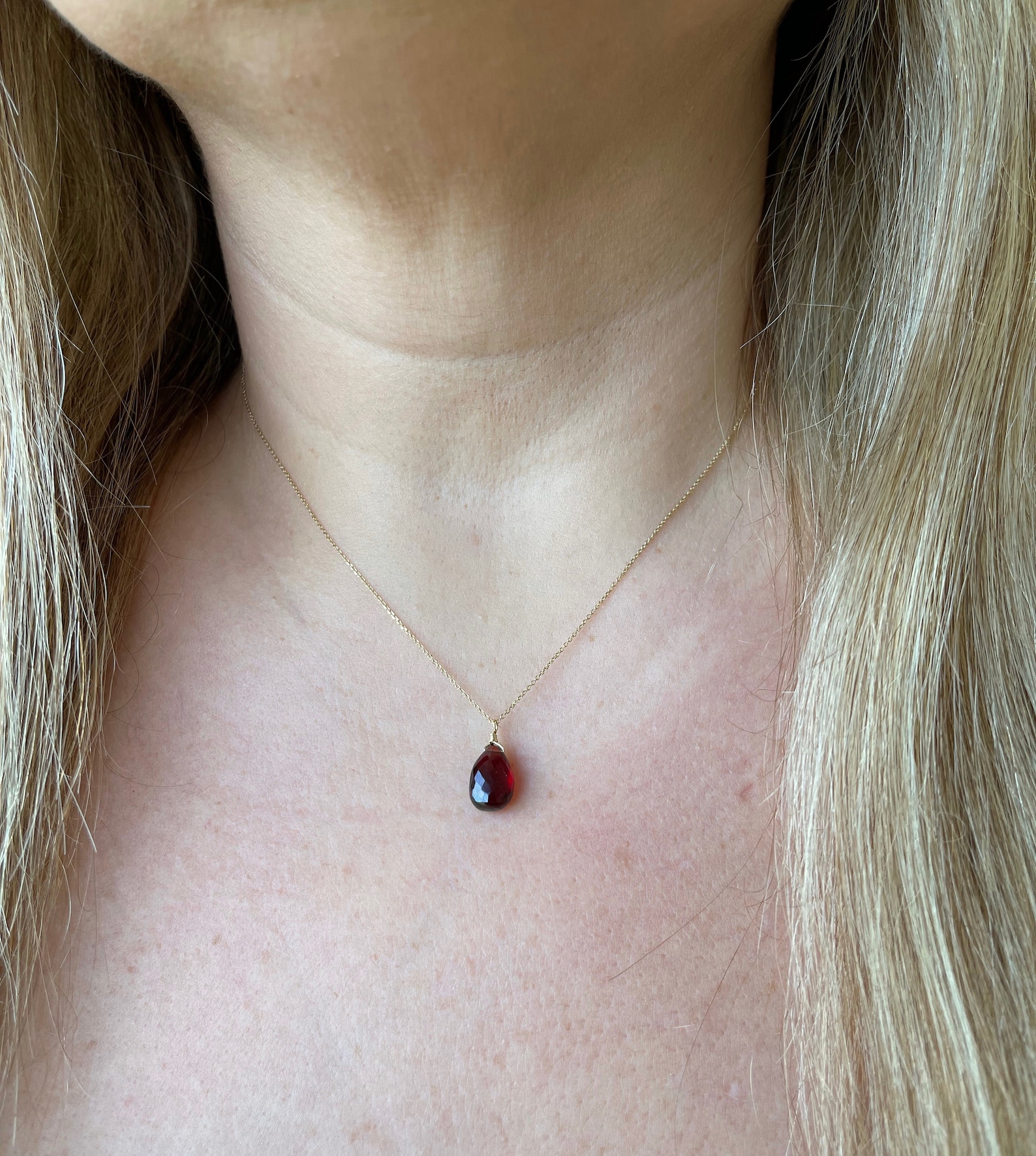 Garnet Necklace, January Birthstone, Red Garnet Pendant, Solid 14k Gold ...