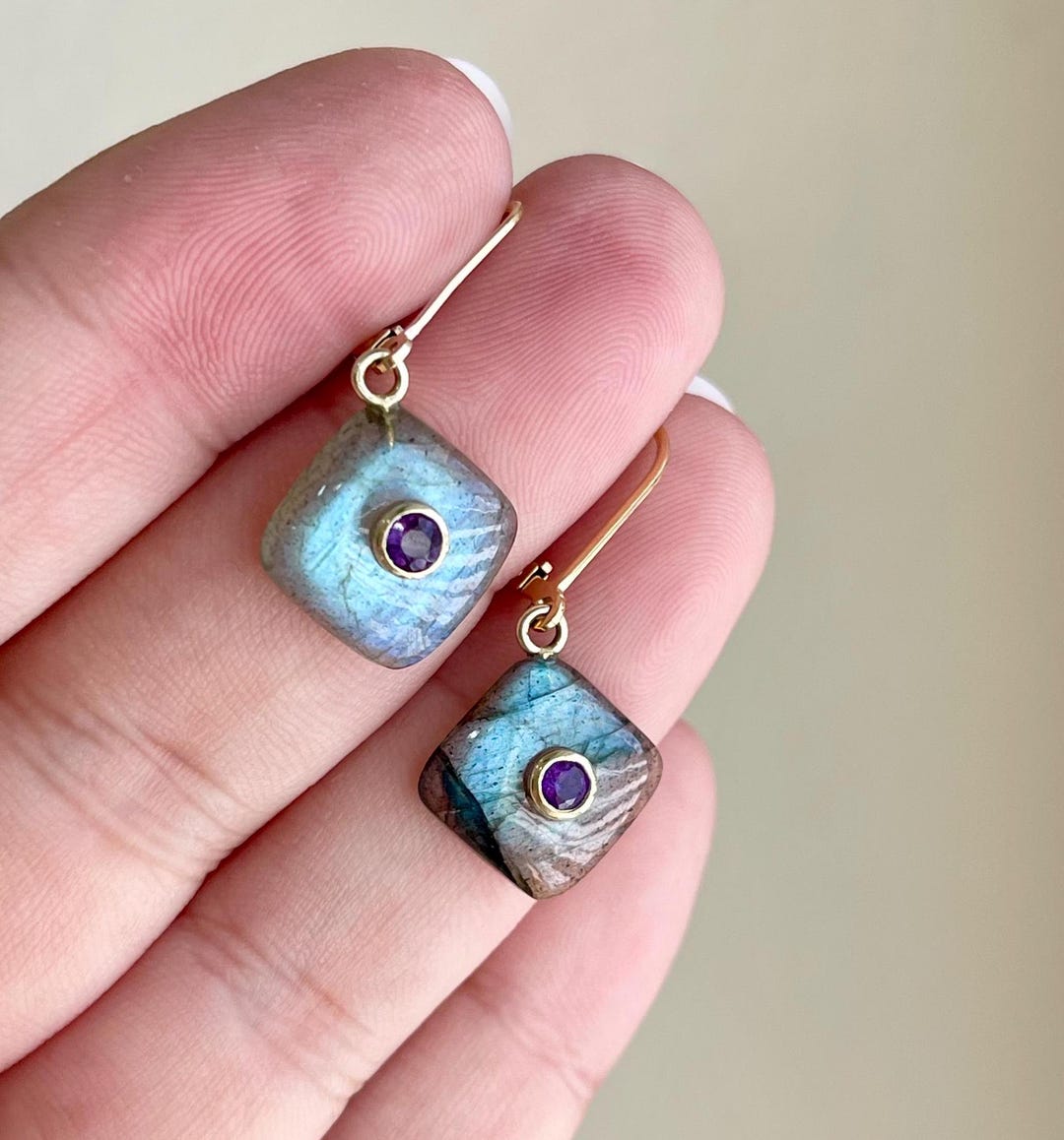 Labradorite and Amethyst Earrings, February Birthstone, Blue and Purple ...