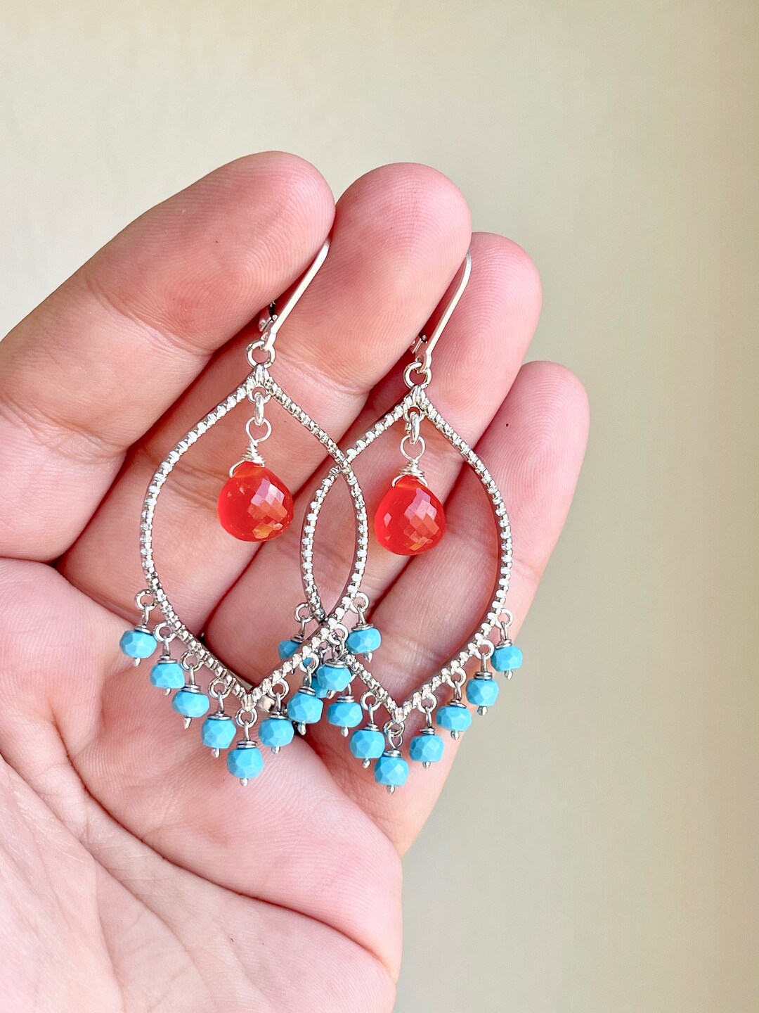 Turquoise Earrings, Turquoise and Carnelian Chandelier Earrings, Summer ...