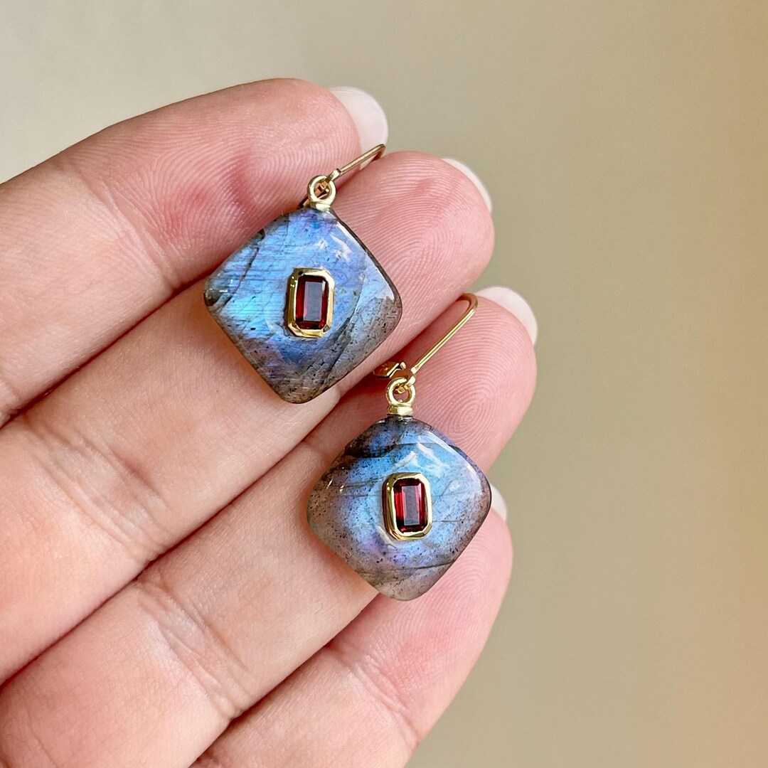 Labradorite and Garnet Earrings, January Birthstone, Blue and Red ...