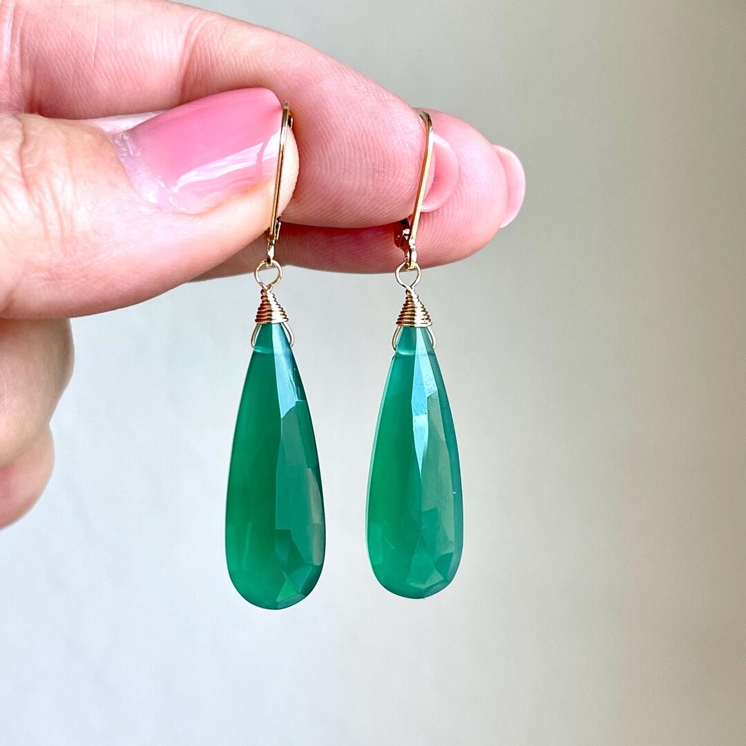 Green Onyx Earrings, Emerald Green Elongated Teardrop Earrings in Gold ...