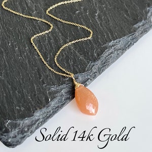 Orange Moonstone Necklace June Birthstone Peach Teardrop Pendant Solid 14k Gold Jewelry Minimalist Gemstone Necklace Gold Gift for Her Etsy