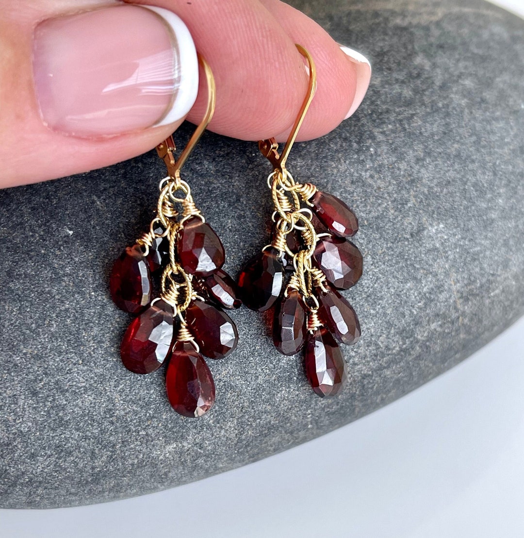 Garnet Earrings, Red Garnet Cluster Earrings in Gold or Silver ...