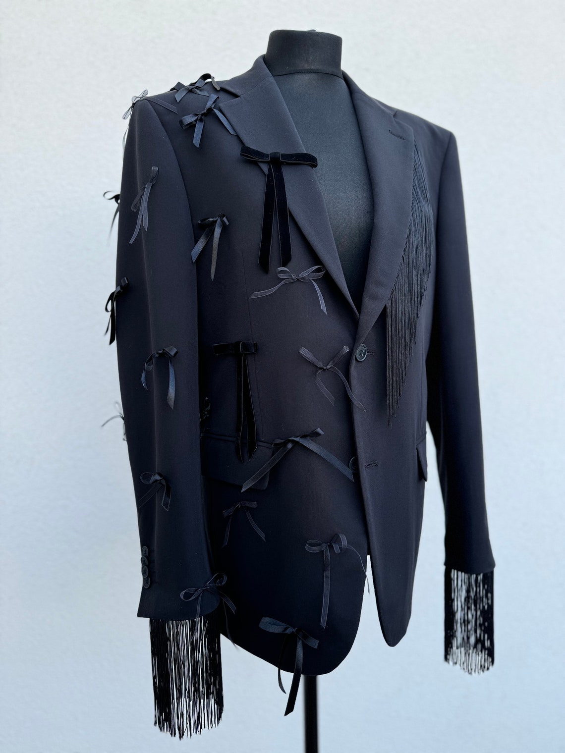 Womens Blazer, Suit Jacket, Upcycled Fashion, Bows, Fringe, Black ...