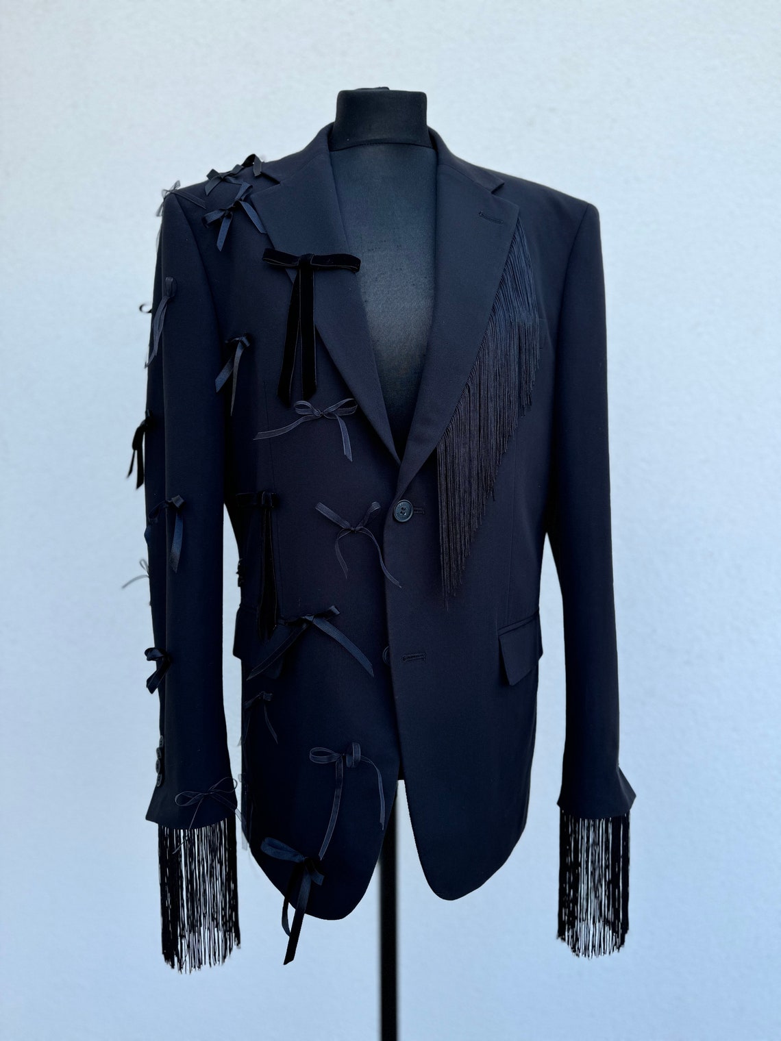 Womens Blazer, Suit Jacket, Upcycled Fashion, Bows, Fringe, Black ...