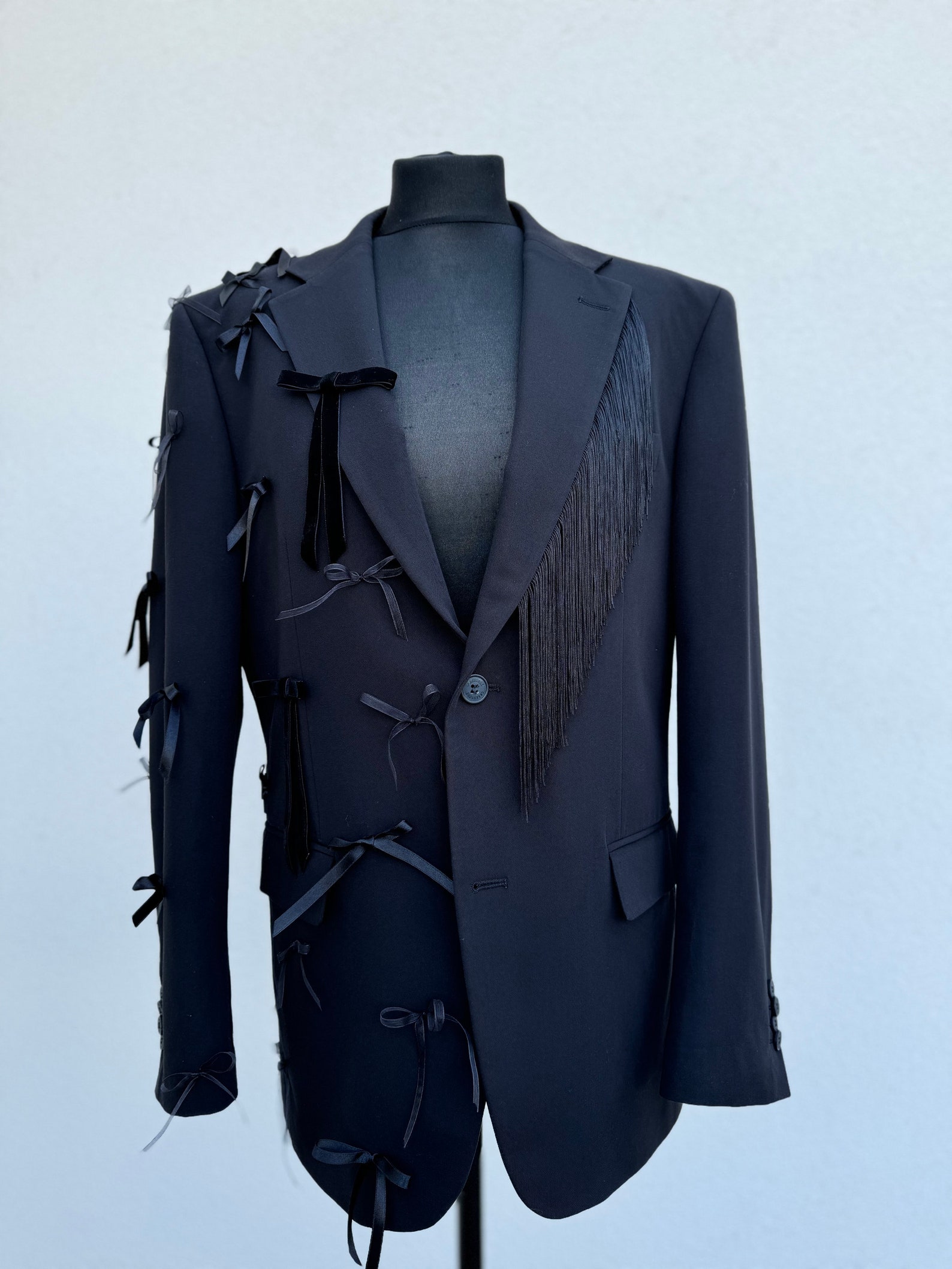 Womens Blazer, Suit Jacket, Upcycled Fashion, Bows, Fringe, Black ...