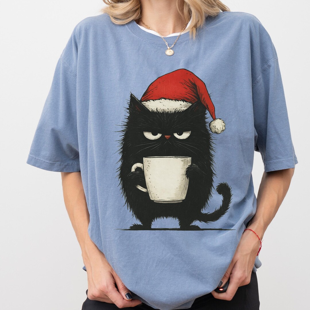 Grumpy Kitty Christmas Shirt Gift, Santa Hat Kitty With Coffee Tee ...