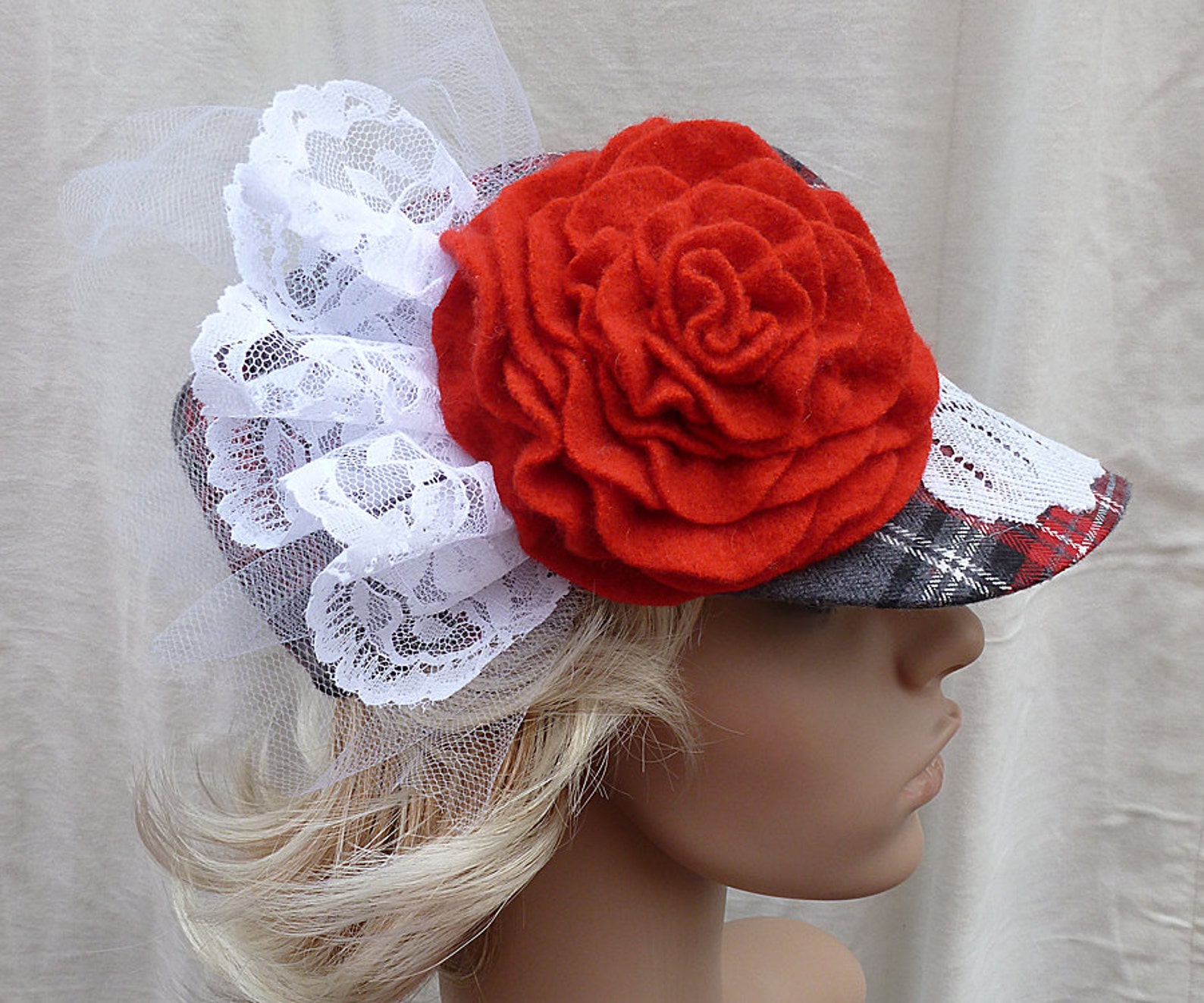 Red/grey/black Plaid Newsboy Cap, Fall/winter Women's Hat, Embellished ...