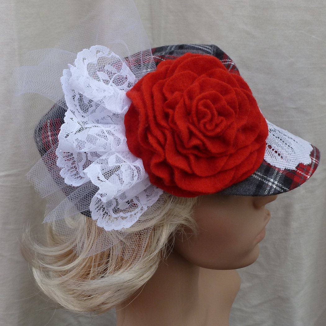 Red/grey/black Plaid Newsboy Cap, Fall/winter Women's Hat, Embellished ...