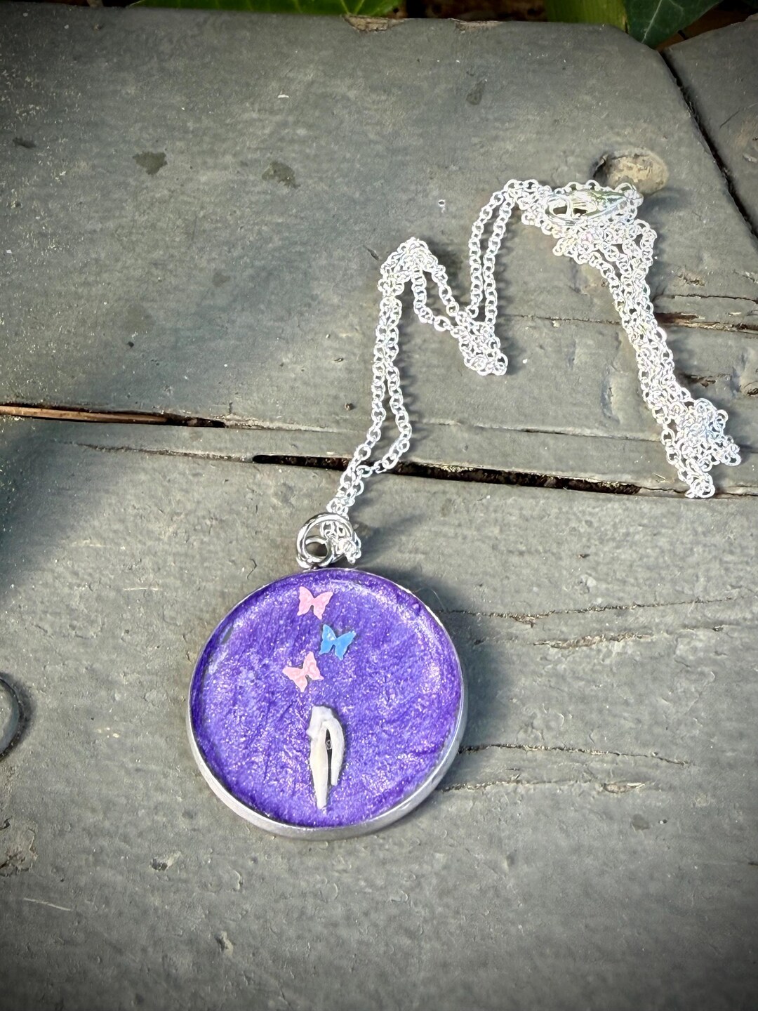 Real Animal Tooth Pendant Necklace | Purple Resin Butterfly Charm ...
