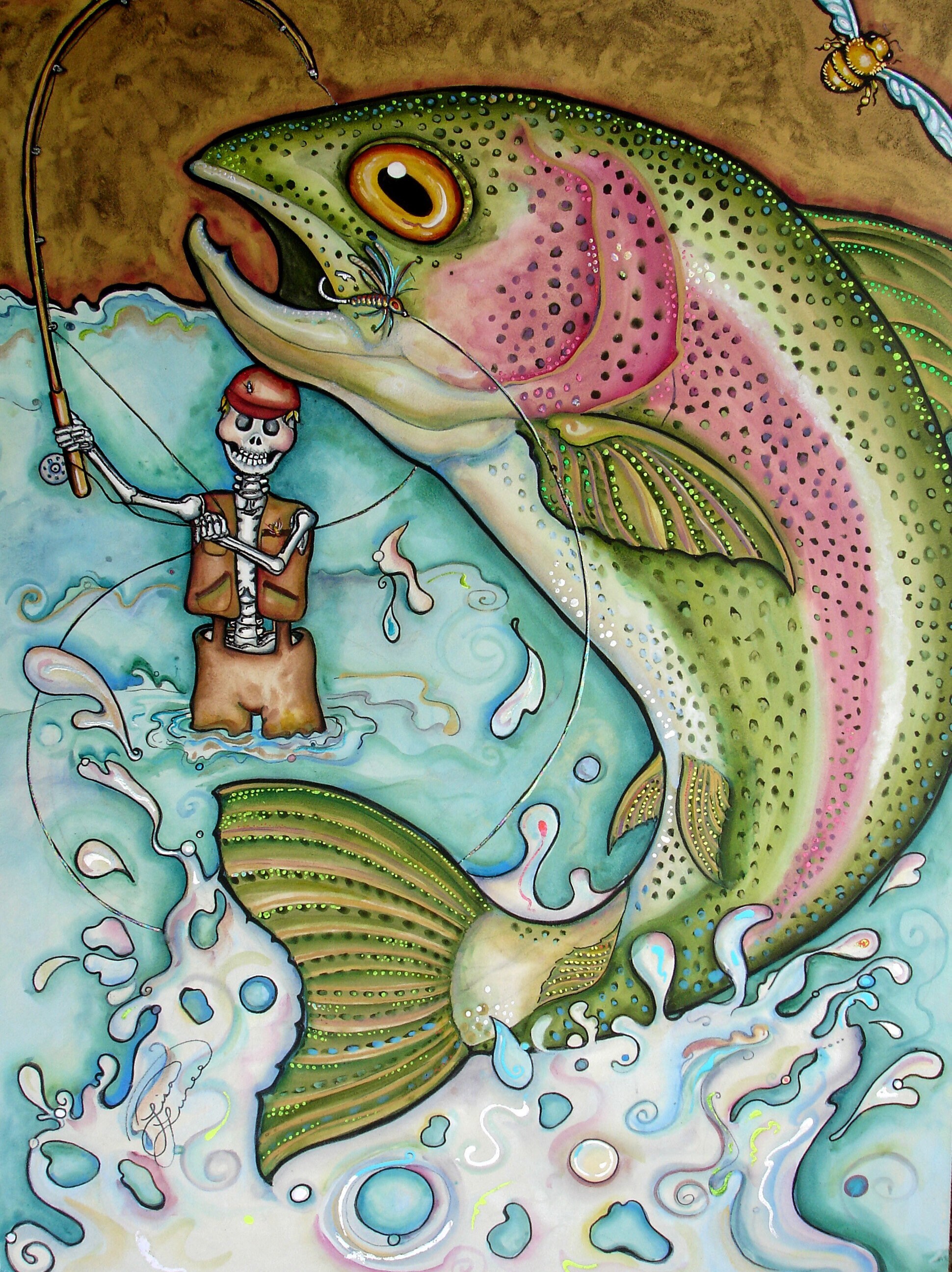 Colorful RAINBOW TROUT Skeleton Fly Fishing Dia De Los Muertos | Etsy