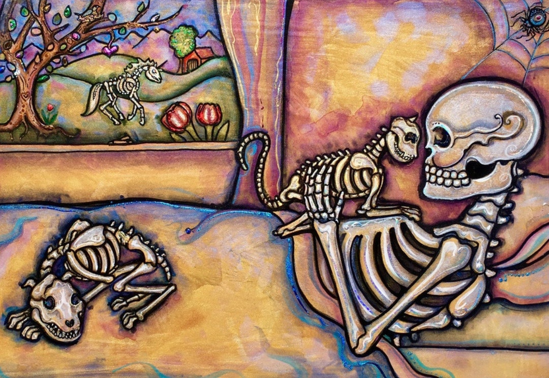 Dia De Los Muertos Skeleton in Bed With Dog and Cat Prints by Lisa ...