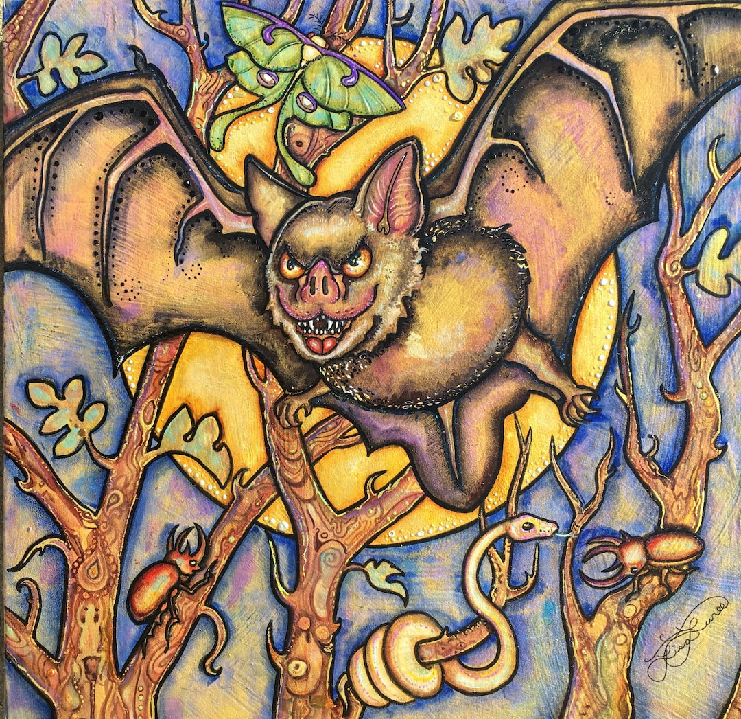 BAT CRAZY - Moonlight Vampire Bat Luna Moth Snake Beetles Art Print by ...