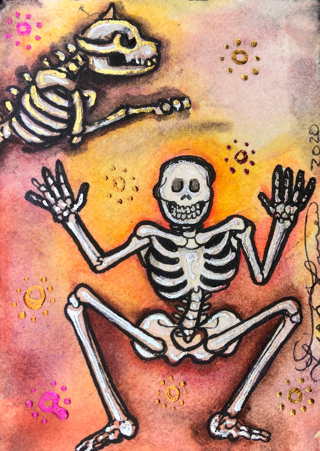 Happy and Free Original Skeleton Dog ACEO Dia De Los Muertos Painting ...